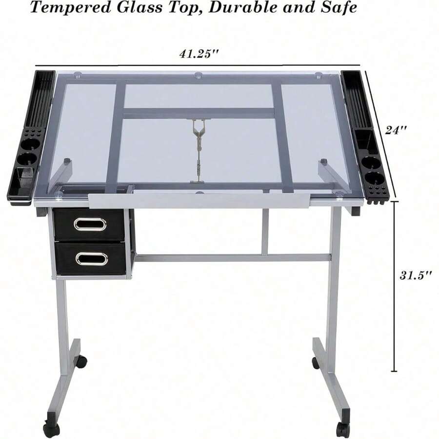 Drafting Table On Wheels With Storage Drawers, Adjustable Glass ...