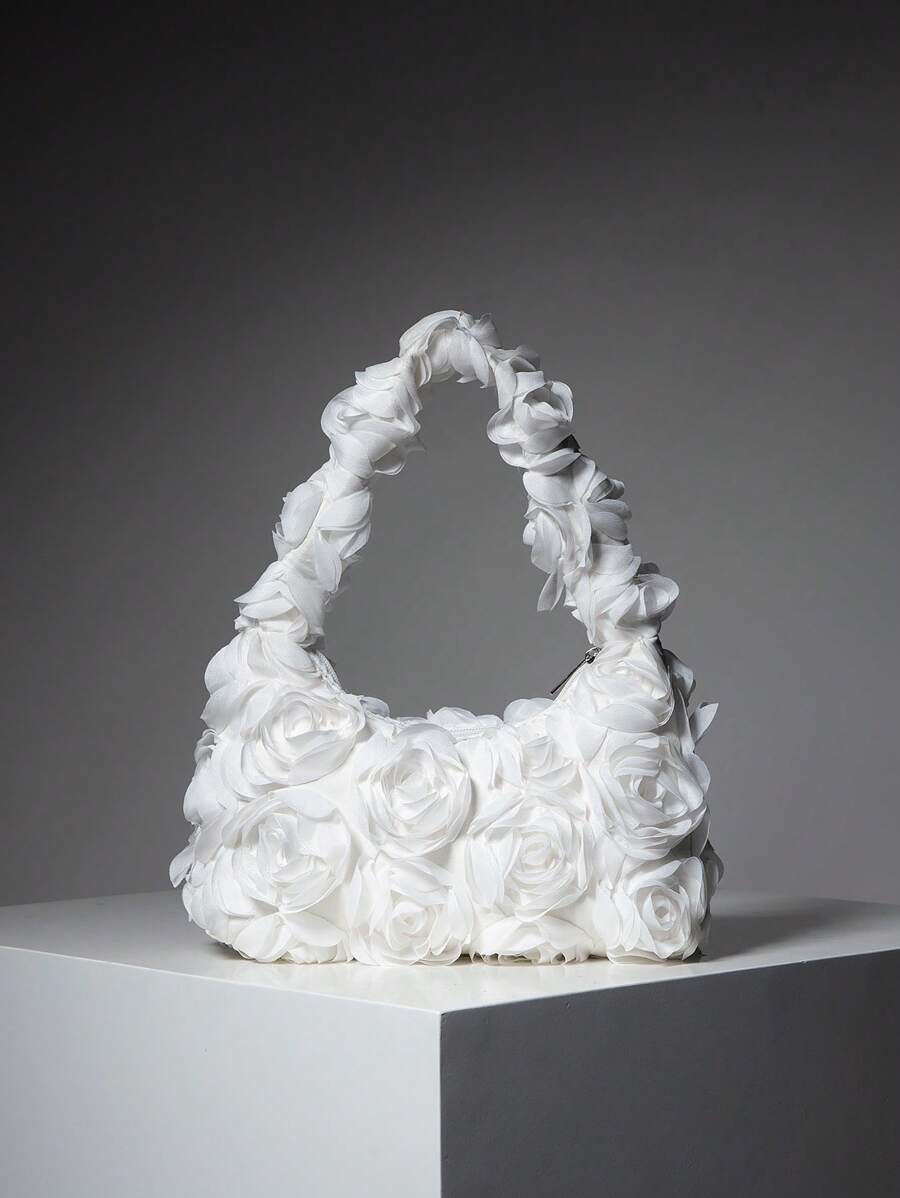 Elegant 3D Rose Flower Shoulder Tote Bag, Ladies Party Purse, Bridal ...