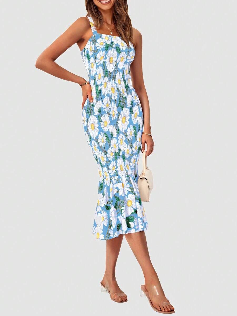 Women's Summer Floral Print Mid-Length Sundress Sleeveless Halter ...