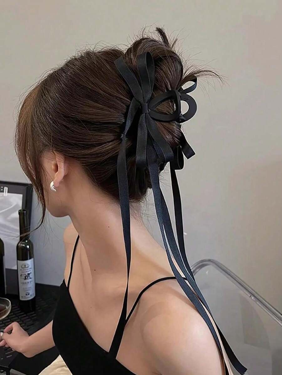 1pc Spring/Summer Sweet Silk Bow Ribbon Hair Claw Commuter Versatile ...