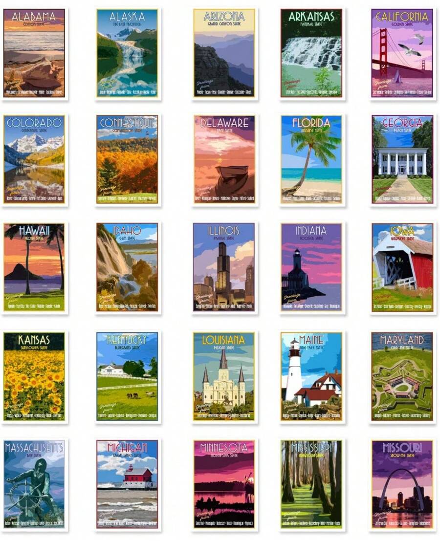US STATE TRAVEL POSTERS Set Of 50 Postcards. United States Vintage ...