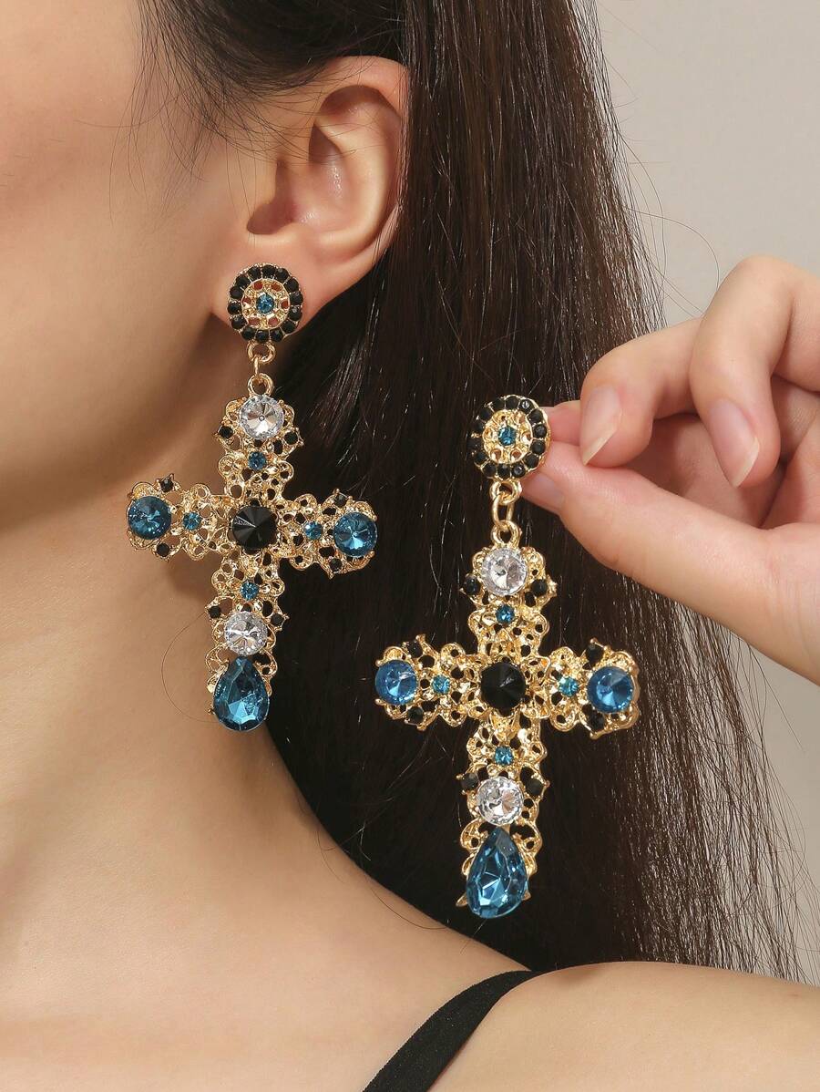 1 Pair Exaggerated Multi-Color Rhinestone Cross Earrings | SHEIN USA