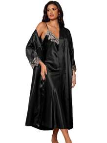 Women's Satin Long Robe And Lace Trim Nightgown Set | SHEIN ITALIA
