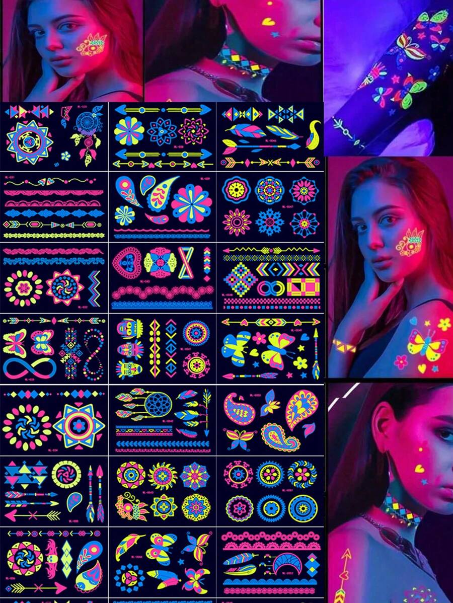 24 Sheets Temporary Tattoo Stickers, Fluorescent Party Neon Light ...
