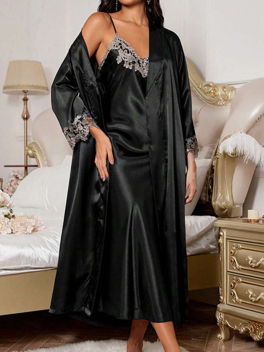 Women's Satin Long Robe And Lace Trim Nightgown Set | aktuelle Trends ...