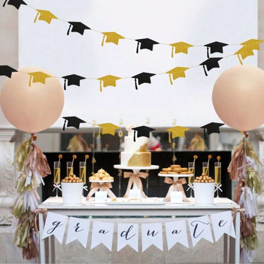 1PC Gold & Black Graduation Hanging Decor - Chic Cap Design Banner For ...