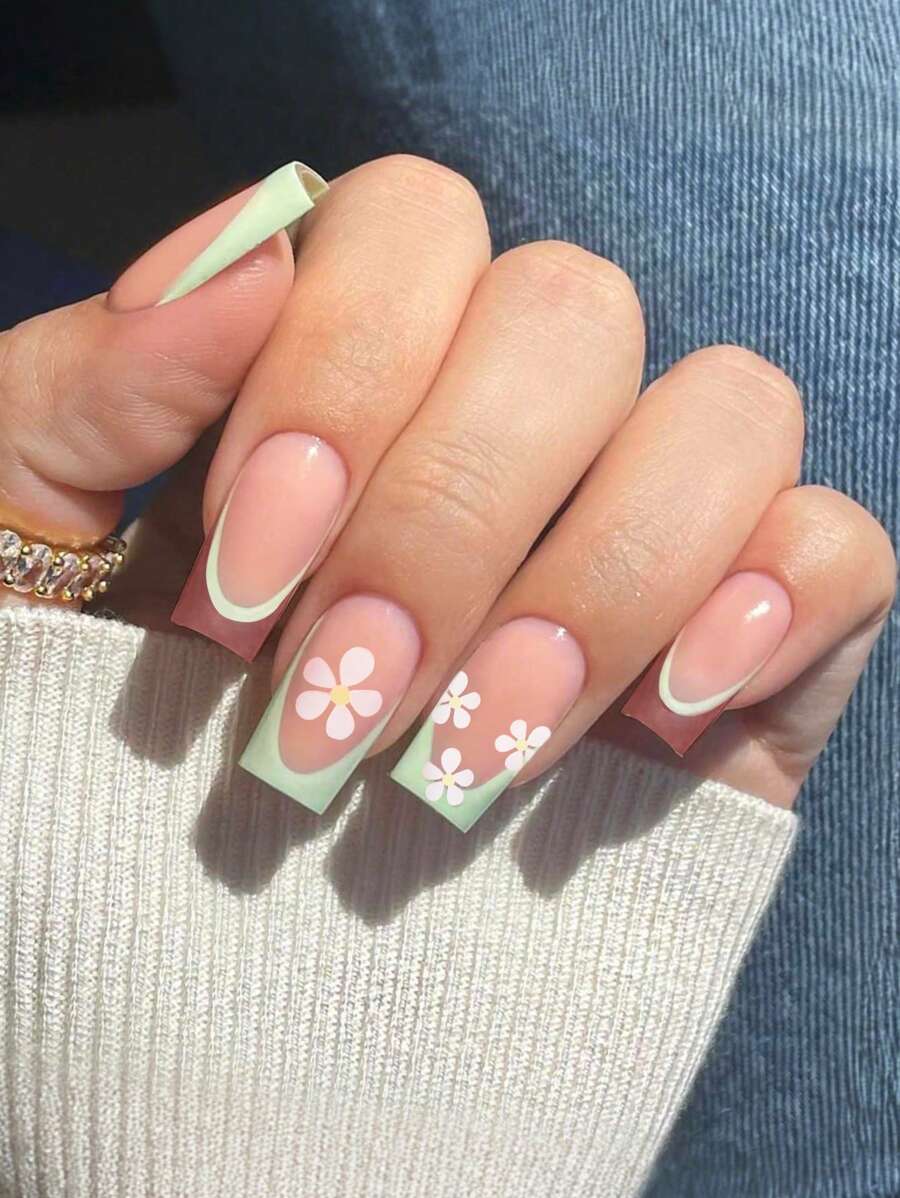 24 Pcs Spring Green French Tip Press On Nails White Flower Press On ...