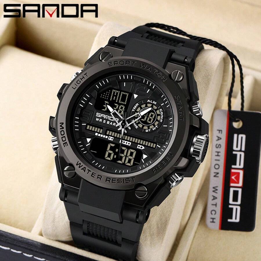 SANDA. SANDA Tonneau Dial Relógio Digital Para Homens Militar Exército Contagem Regressiva ...