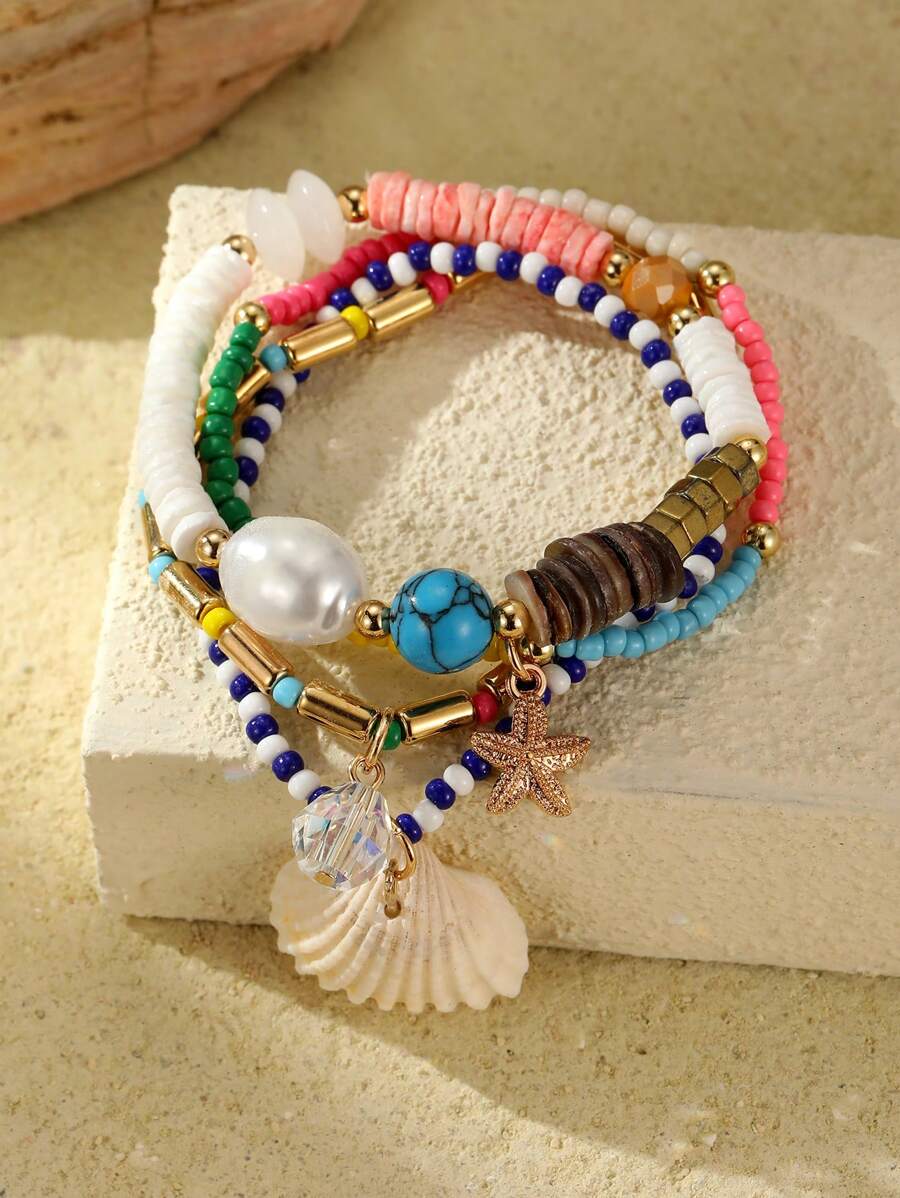 4pcs Women Bohemian Style Beach Element Glass Bead, Starfish, Sea Shell ...