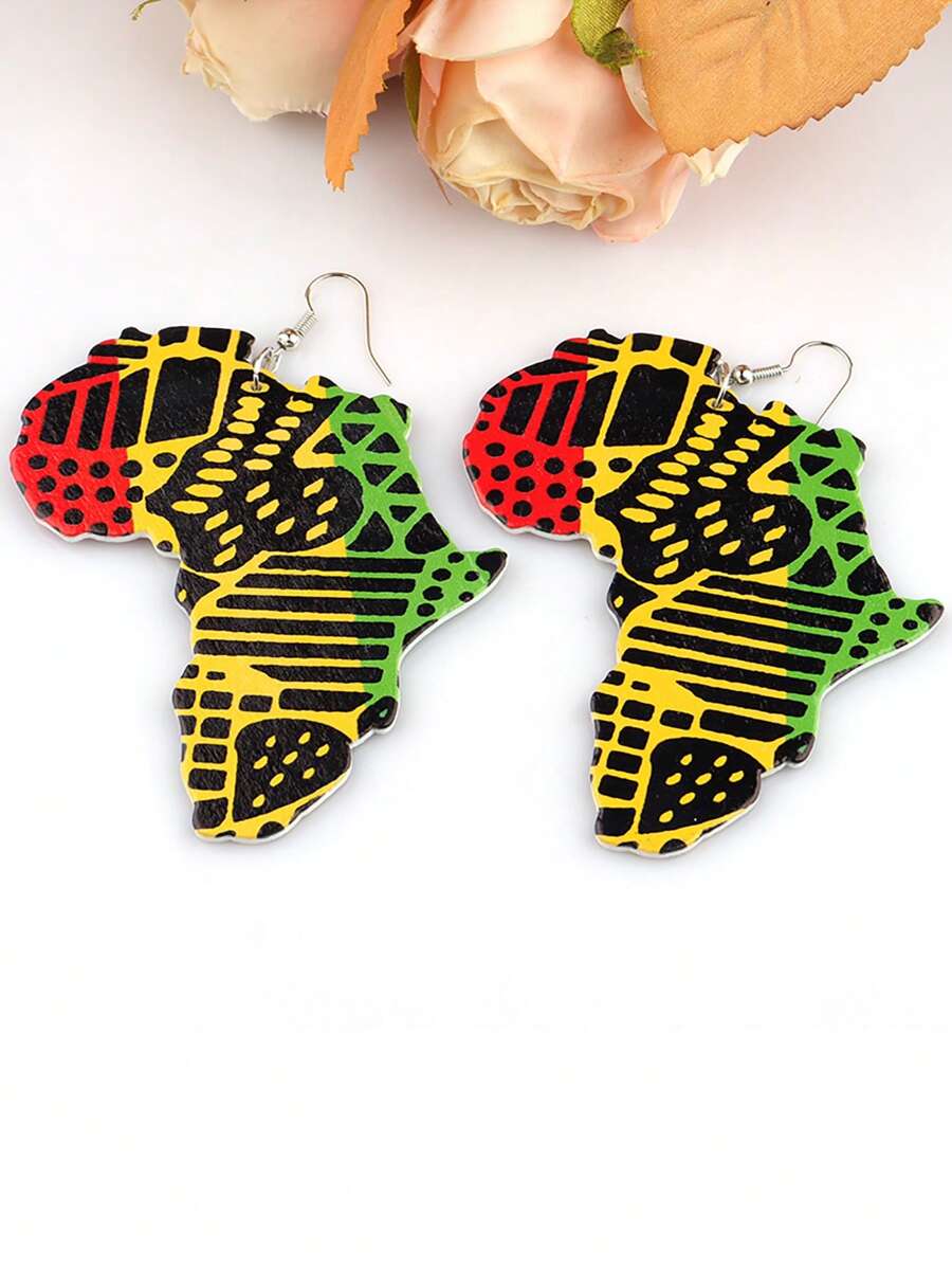 1pair Wood Africa Map Printing Flower Geo Earring Vintage Party African ...