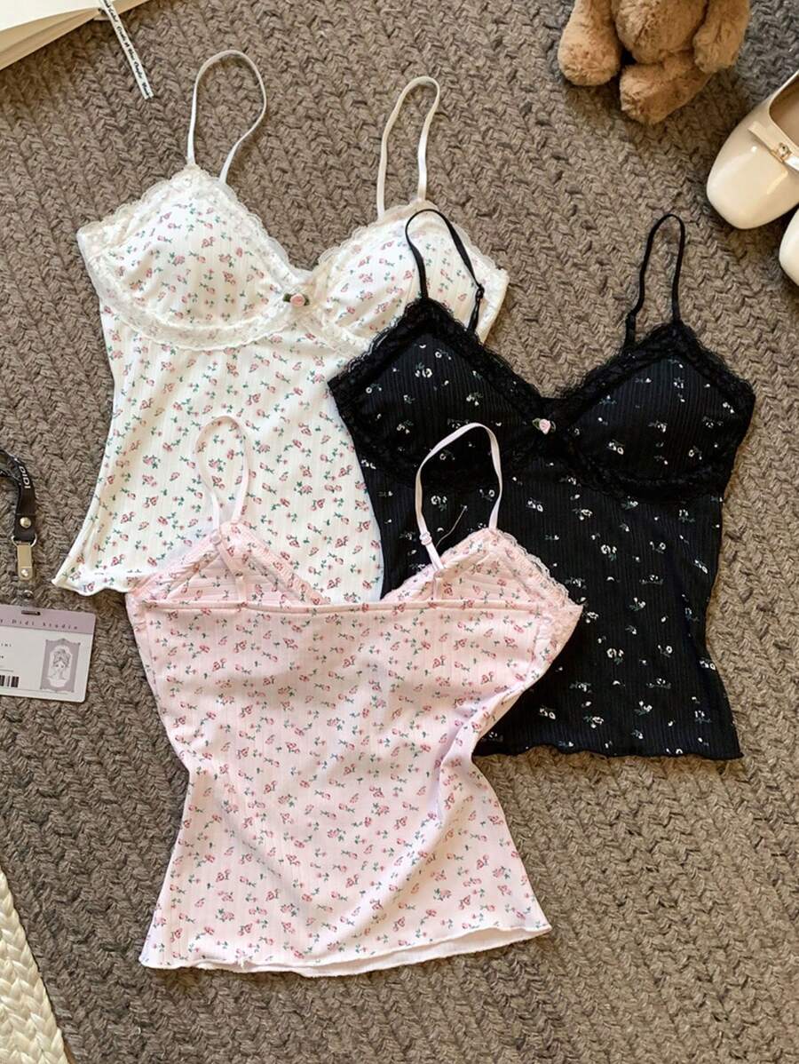 3pcs Teen Girl French Style Floral Print Lace Edge Ribbon Bow Padded ...