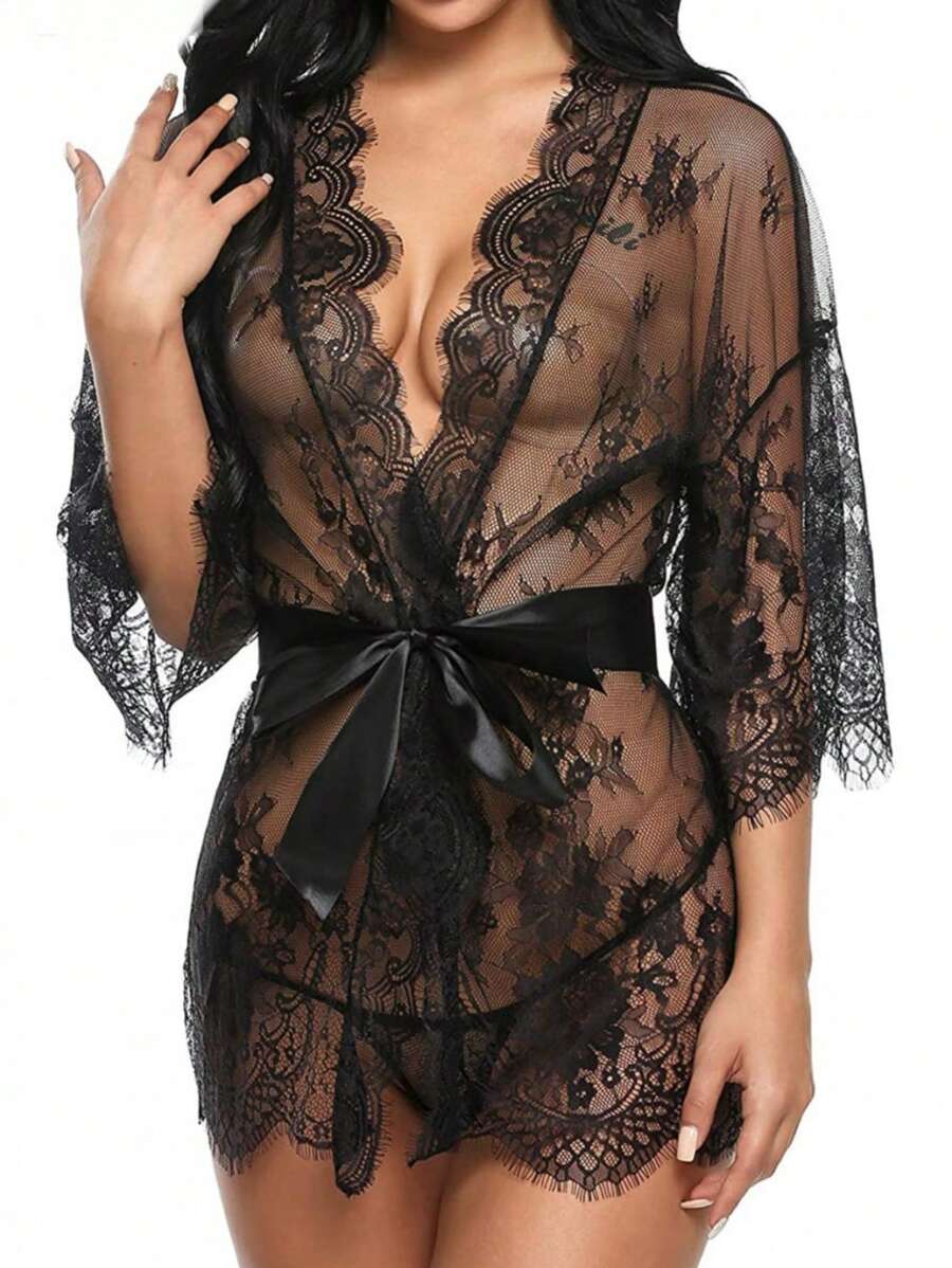 Women's Sexy Lace Mesh Splicing See-Through Nightgown And Thong Two-Piece Set | SHEIN USA