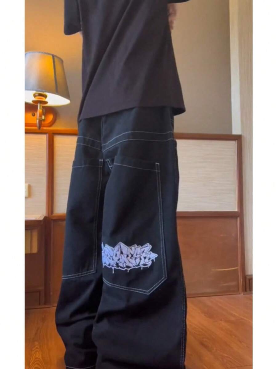 High Street JNCO Pattern Embroidered Denim Pants For Men, Loose Fit ...