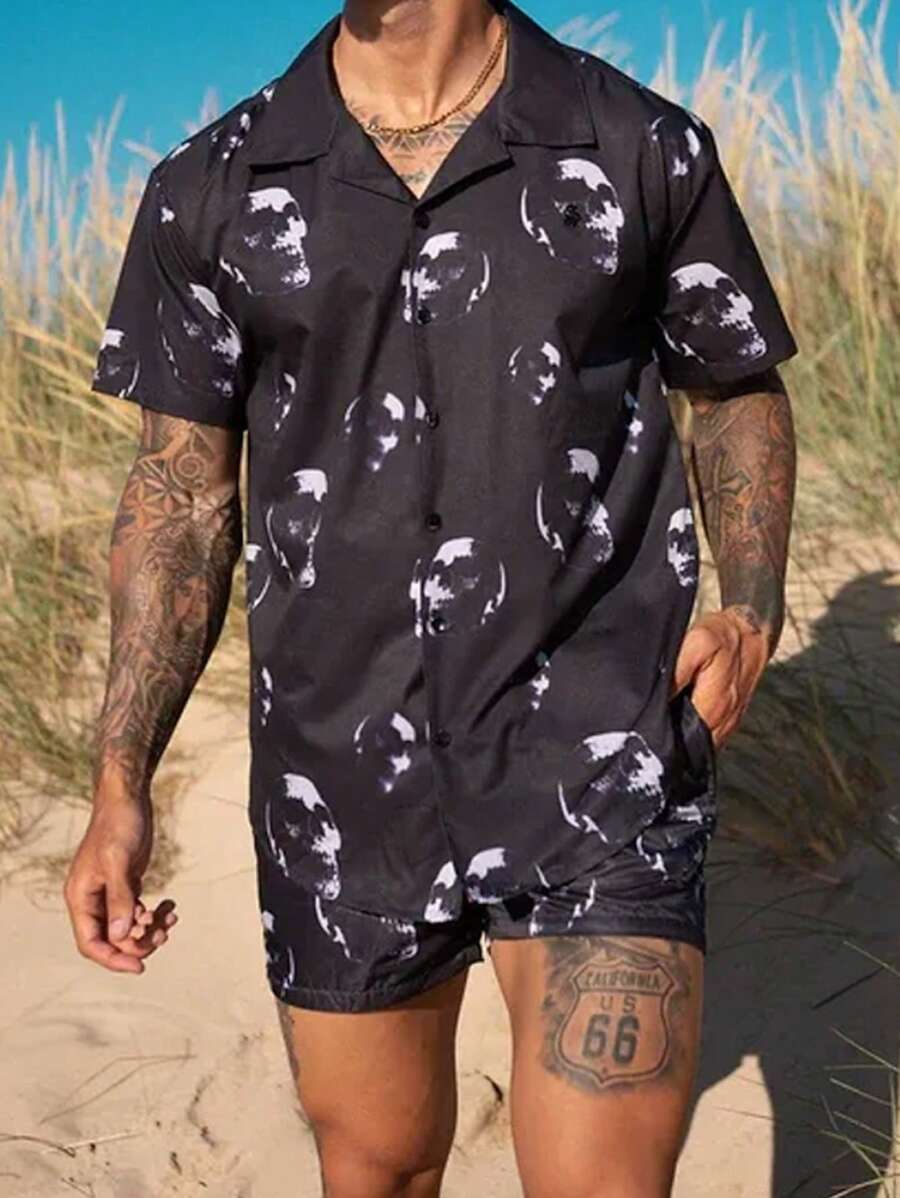 PONCHIOE Men's Summer Casual Skull Print Button-Front Shirt & Shorts ...