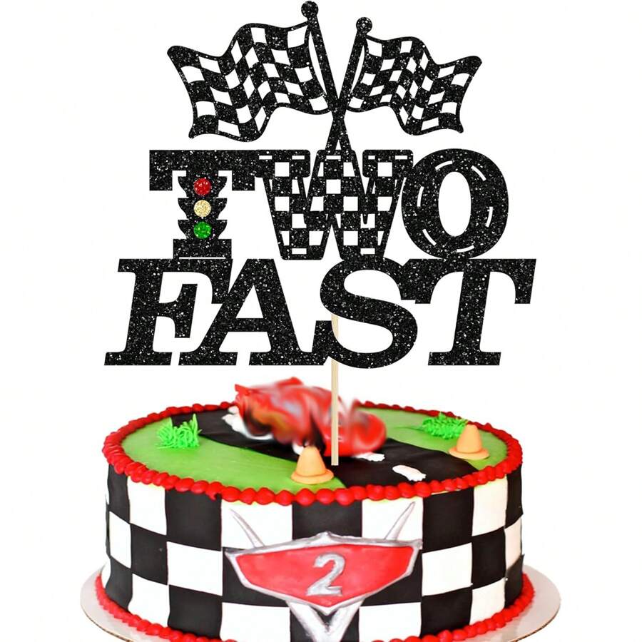 1pc Two Fast Birthday Cake Topper Black Glitter Checkered Flag Racing ...