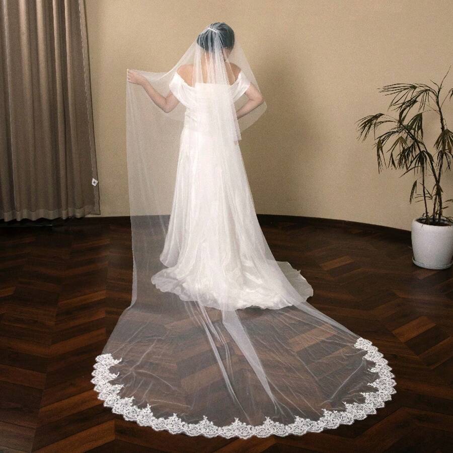 1pc Bridal Double Layer Veils Lace Sequin Lace Edge Length Wedding Veil ...