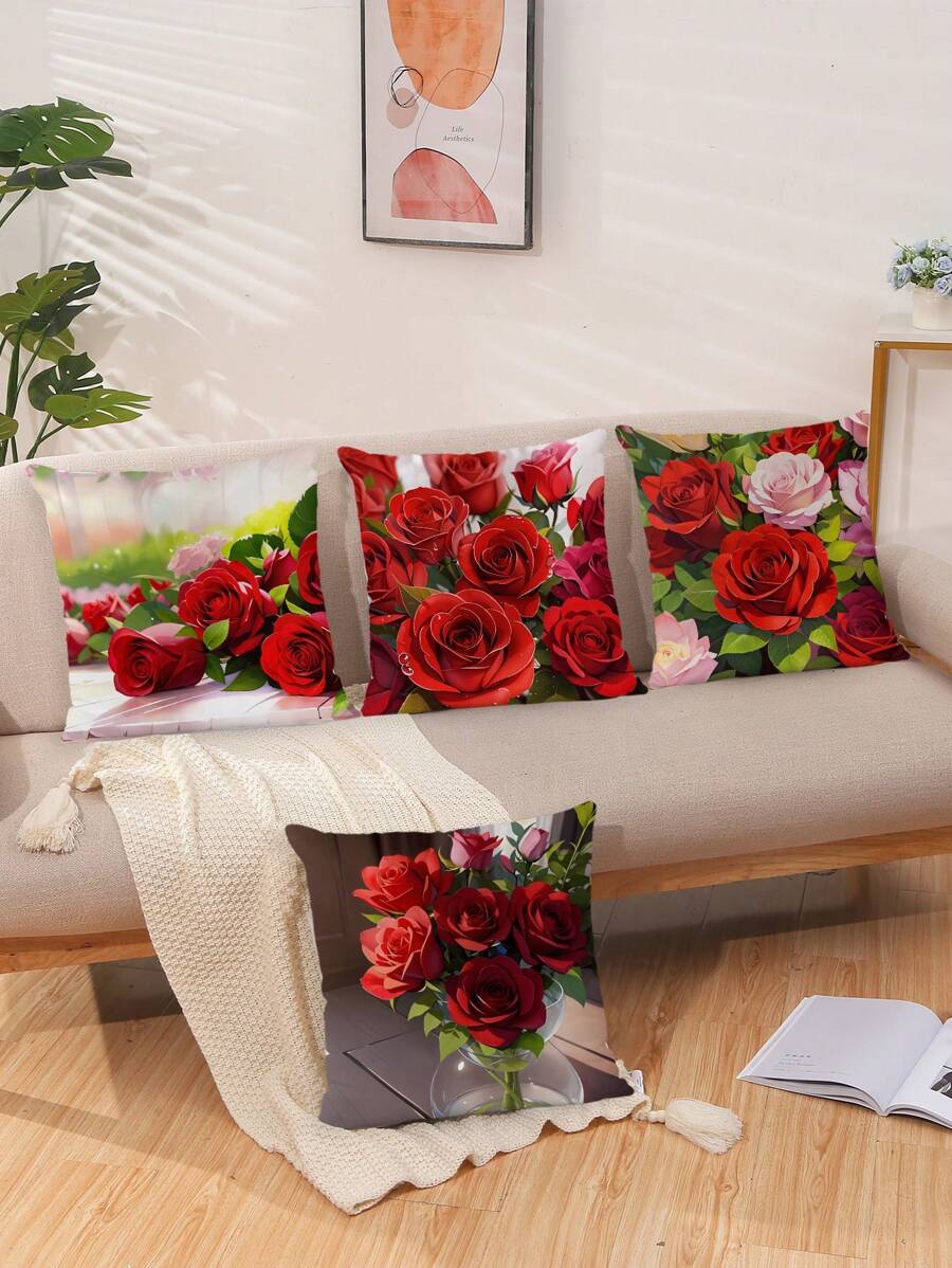 4 Pcs Vintage Red Peony Rose Print Pillowcases - European And American ...