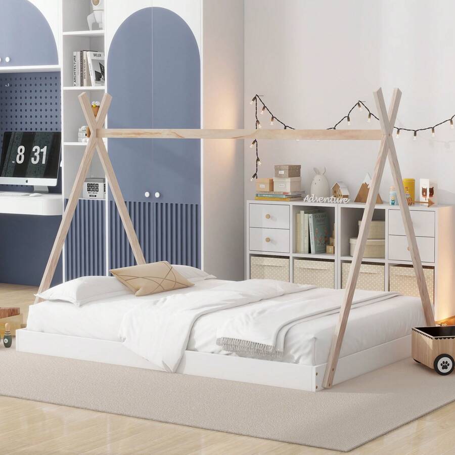 Euroco Modern Wood Full Size Tent Floor Bed, X-Shaped House Bed For ...