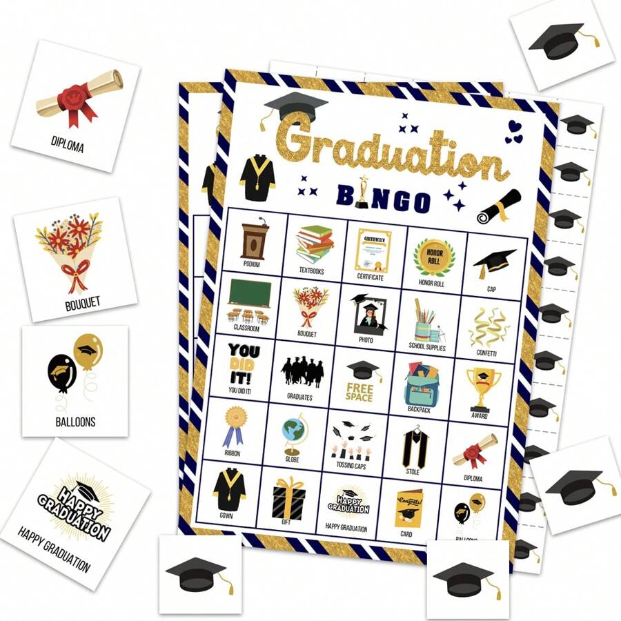 33Pcs Set, Graduation Bingo Games Black-Golden Graduation Game For 24 ...