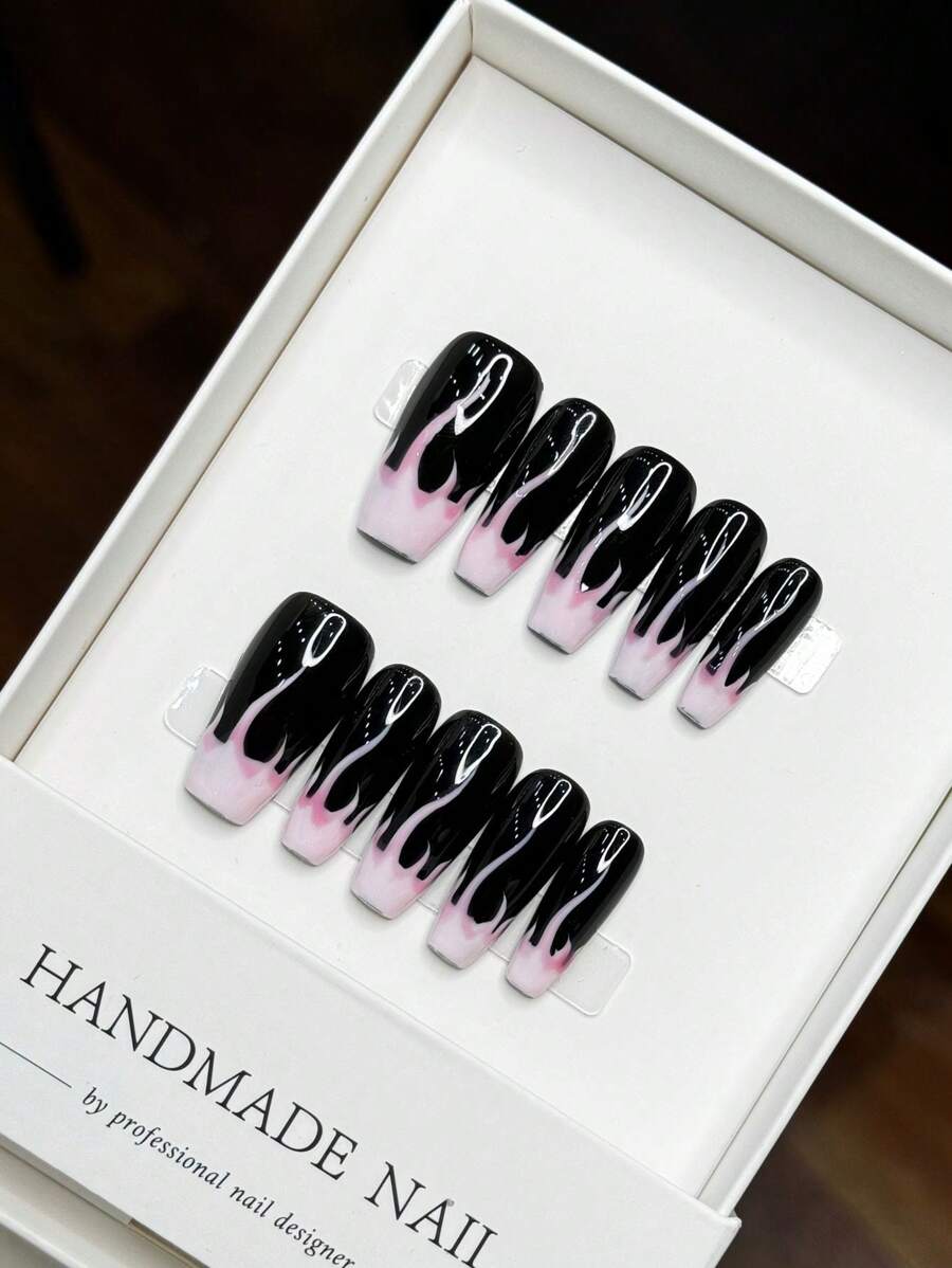 Handmade Coffin Shaped Press-On Nails, Pink Flame French Design With ...