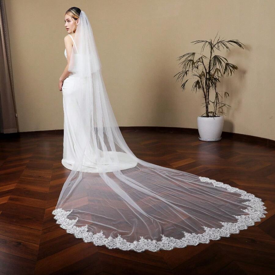 1pc Bridal Double Layer Veils Lace Sequin Lace Edge Length Wedding Veil ...