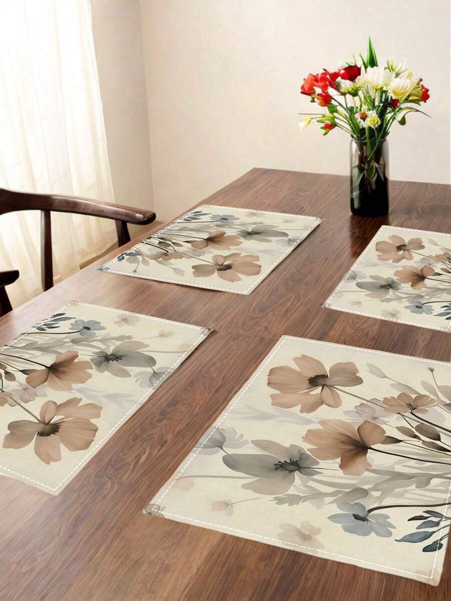 4pcs Placemats, Brown Poppy Floral Leaves Spring Placemats, Seasonal ...