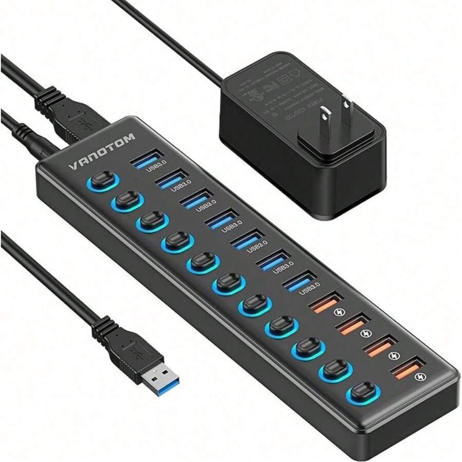 Powered USB Hub 3.0, VANOTOM 11-Port USB Hub Splitter (7 USB 3.0 Data ...