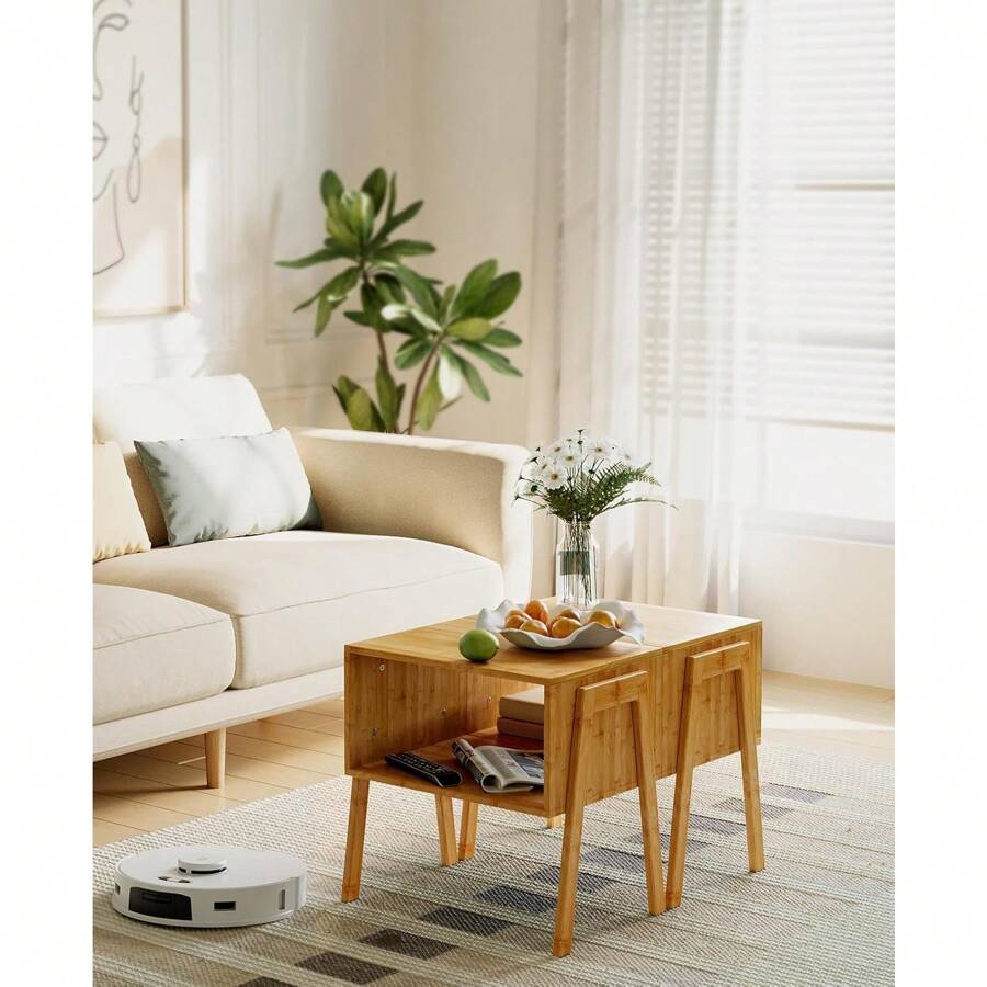 Bamboo Stackable End Tables, Wood Living Room Nightstand, Bedside ...