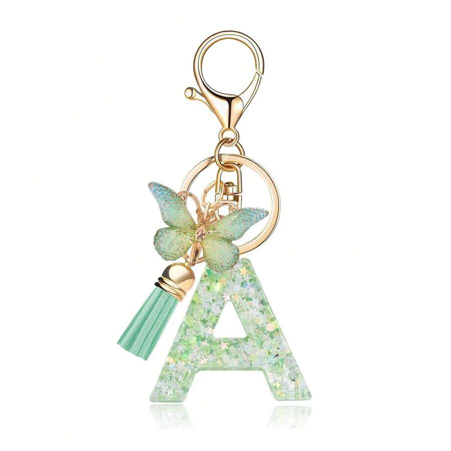 Fashion Letters Initial Key Chain Fringe Butterfly Pendant Key Ring ...