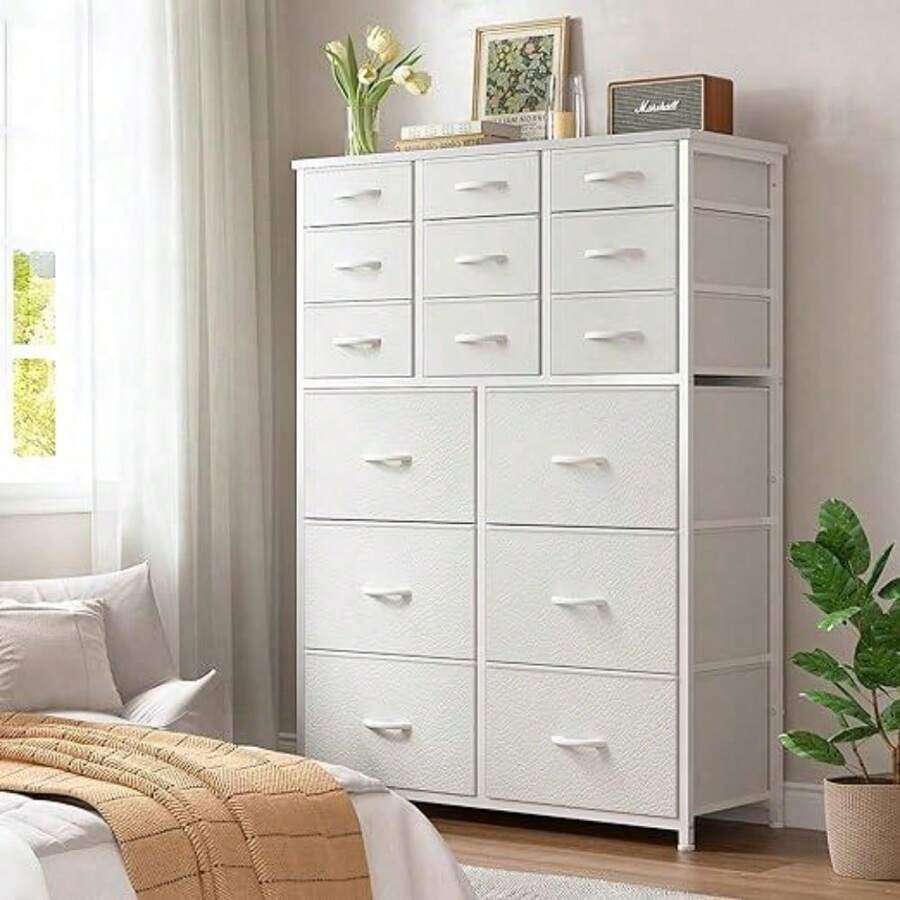 Raybee Furniture 15-16 Drawer Dresser With Wooden Top, Tall Dresser For ...