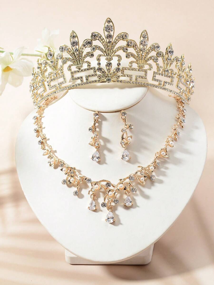 4pcs Geometric Pattern Baroque Crown Bridal Headwear, 3-Piece Set For ...