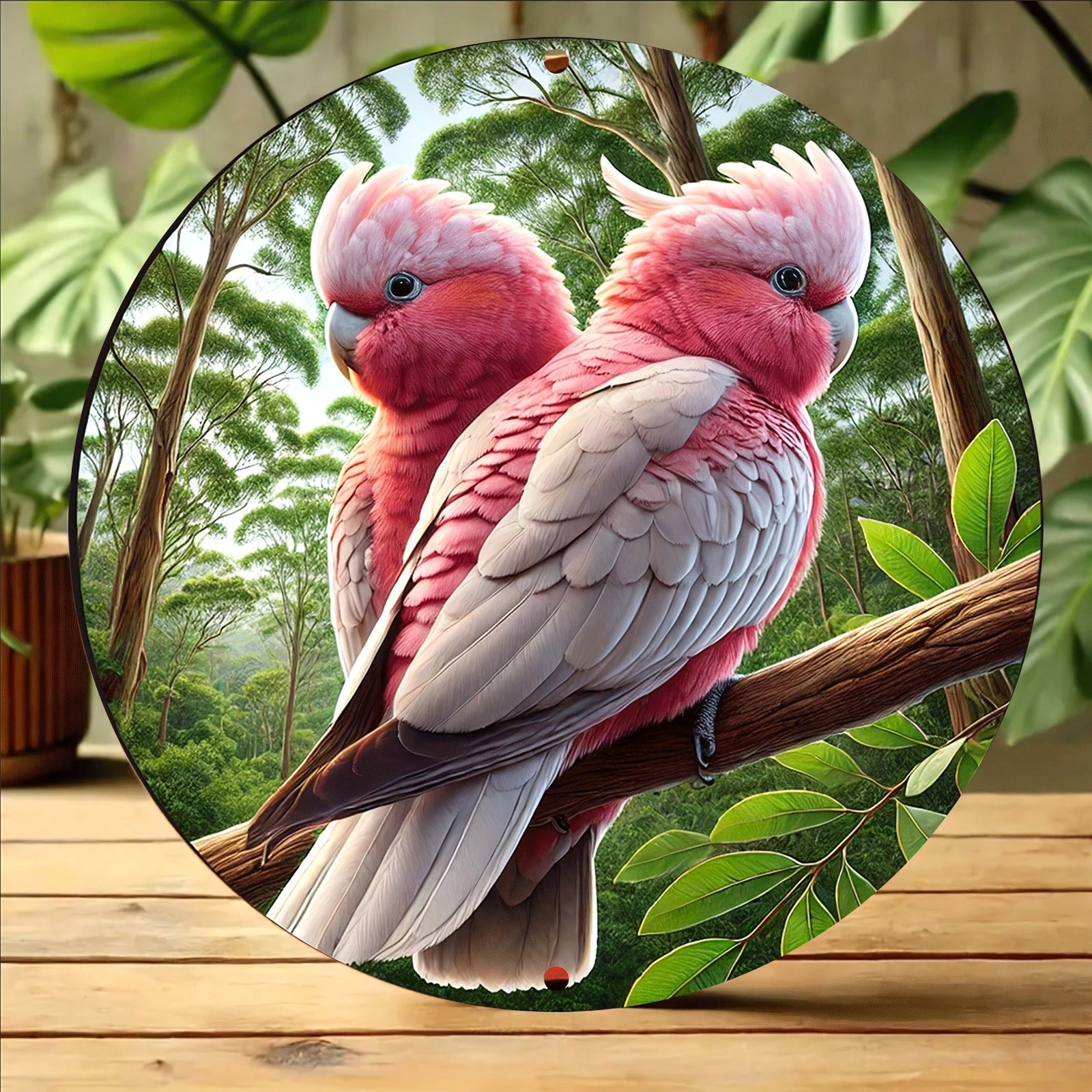 Room Decor Vintage Pink Cockatoo On Twigs Round Metal Wall Art, 8x8 ...