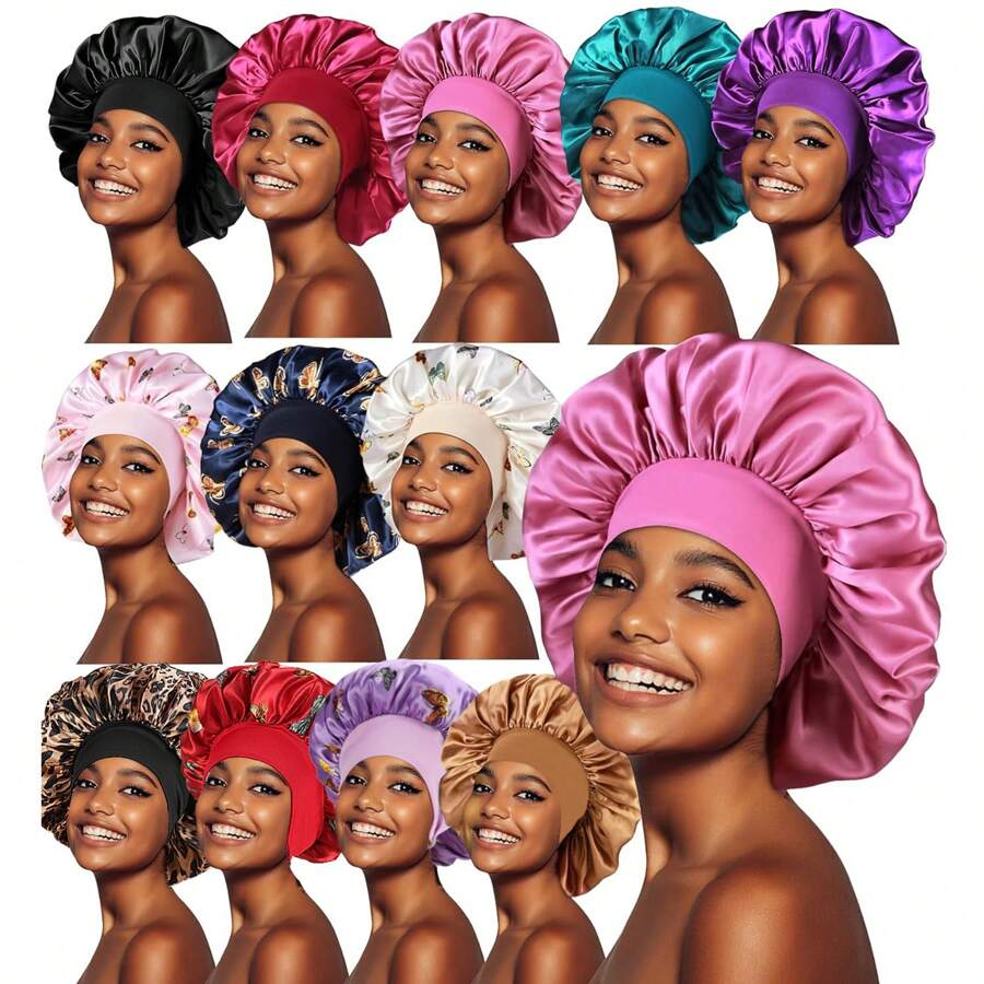 12-Pack Luxe Satin Bonnets For All Hair Types | Silk-Like Adjustable ...