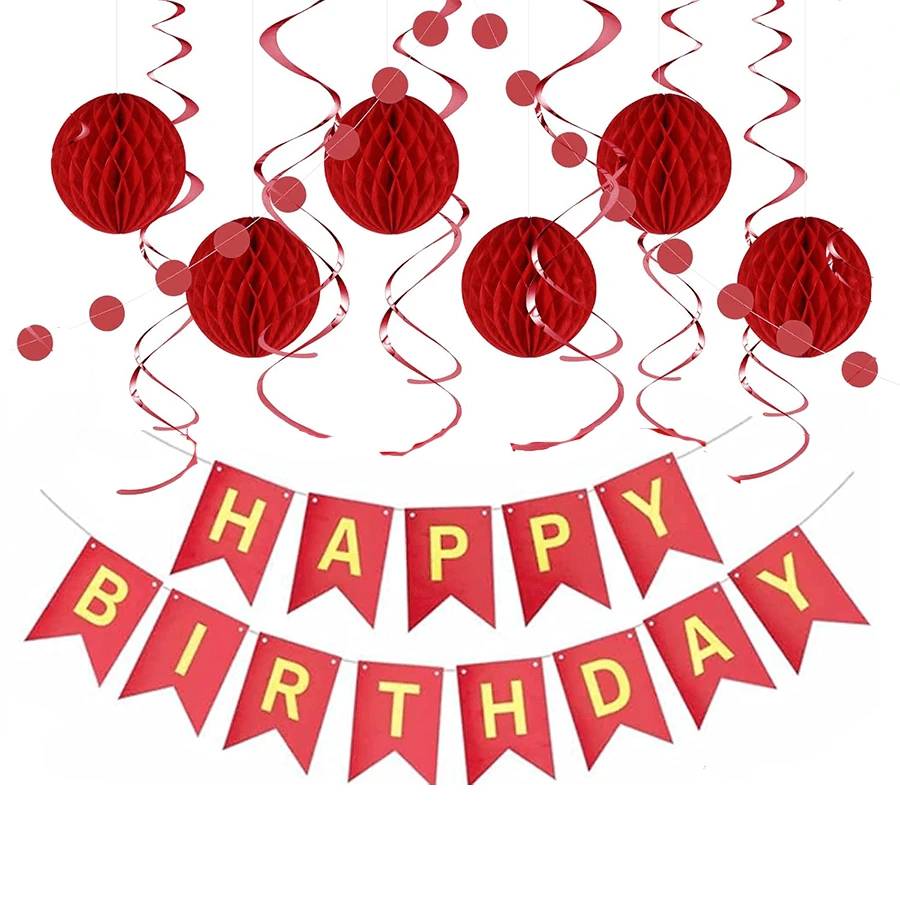 Birthday Decorations, Red Happy Birthday Banner, Honeycomb Balls ...
