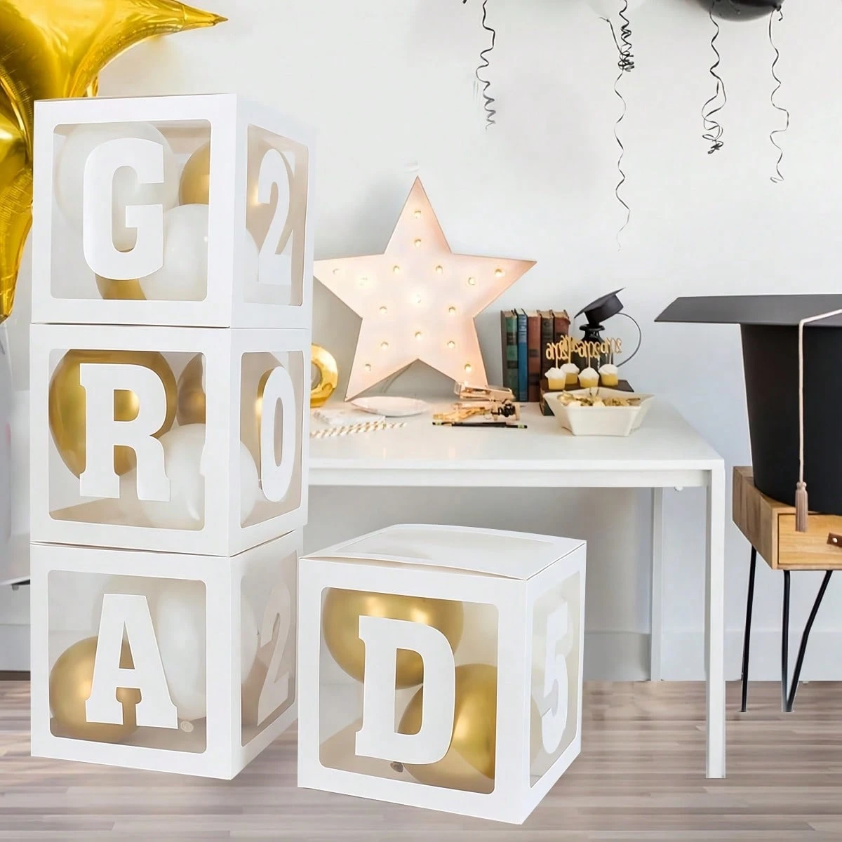 2025 Graduation Decorations, 4 White Balloon Boxes With Letters GRAD ...