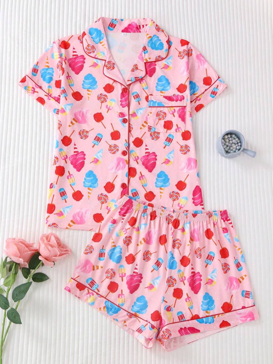2pcs/Set Women's Candy Print Short Sleeve Sleepwear, Includes Collared ...