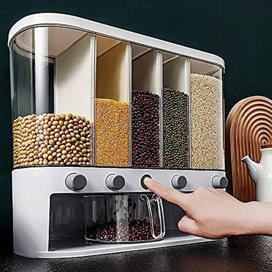 Dry Food Dispenser,Wall Mounted 5 Grid Cereal Dispenser,Rice Dispenser ...