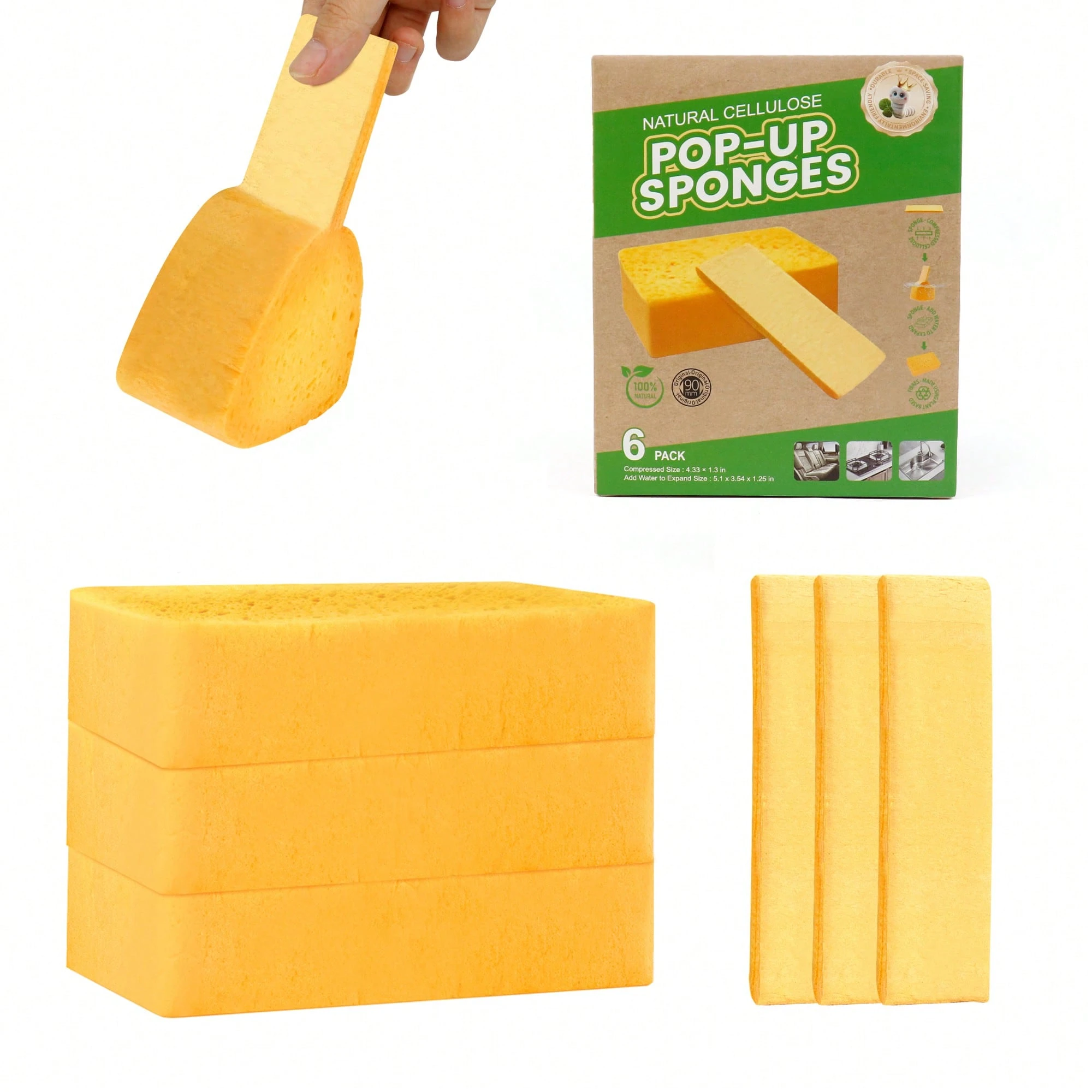 6 Pack Natural Cellulose Pop Up Sponges Compressed Sponges Non-Scratch ...