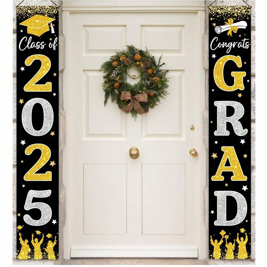 Graduation Decorations 2025 GRAD Banner Black Porch Door Sign Welcome ...