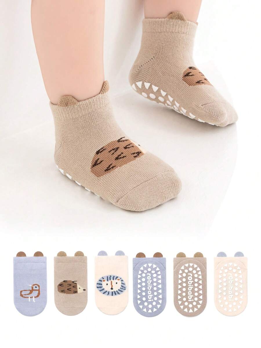 3 Pairs Kids Anti-Slip Dot Grip Socks With Cute Cartoon Animal Patterns ...