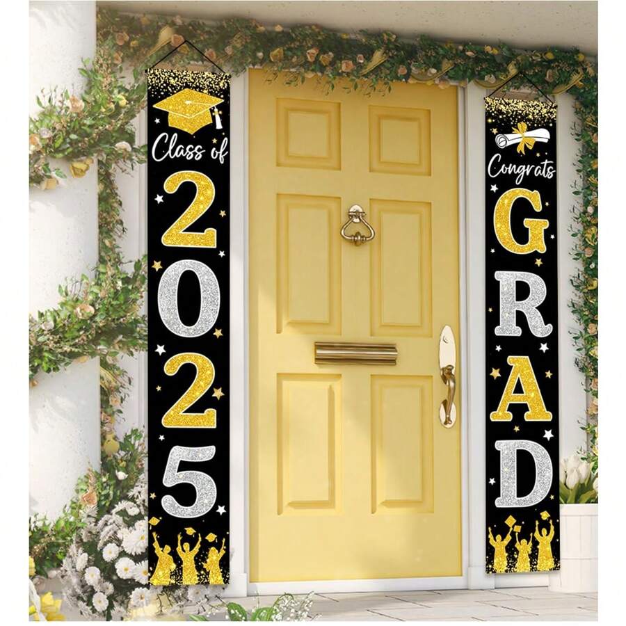 Graduation Decorations 2025 GRAD Banner Black Porch Door Sign Welcome ...