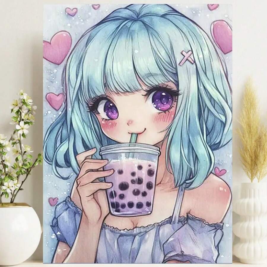 Framed Anime Girl Drinking Milk Tea Canvas Poster - Multi-Functional ...
