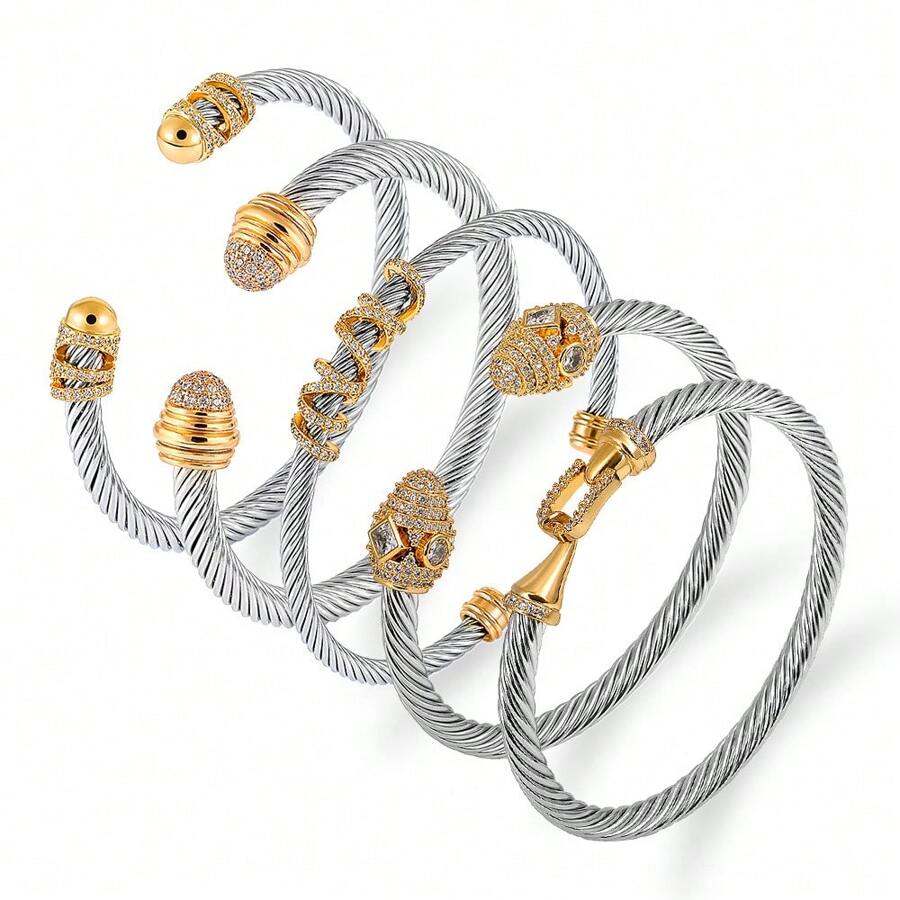 Luxury Stackable Bangles Full Cubic Zirconia Wire Rope Stainless Steel ...