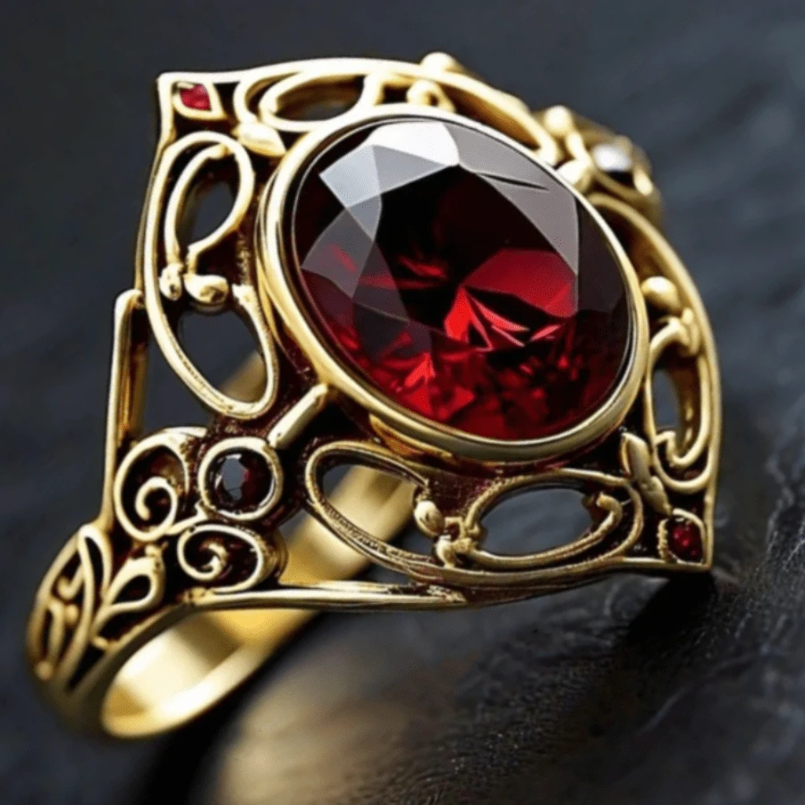 18K Gold Plated Boho Style Red Zirconia Egg Shaped Ring, Symbolic Of ...