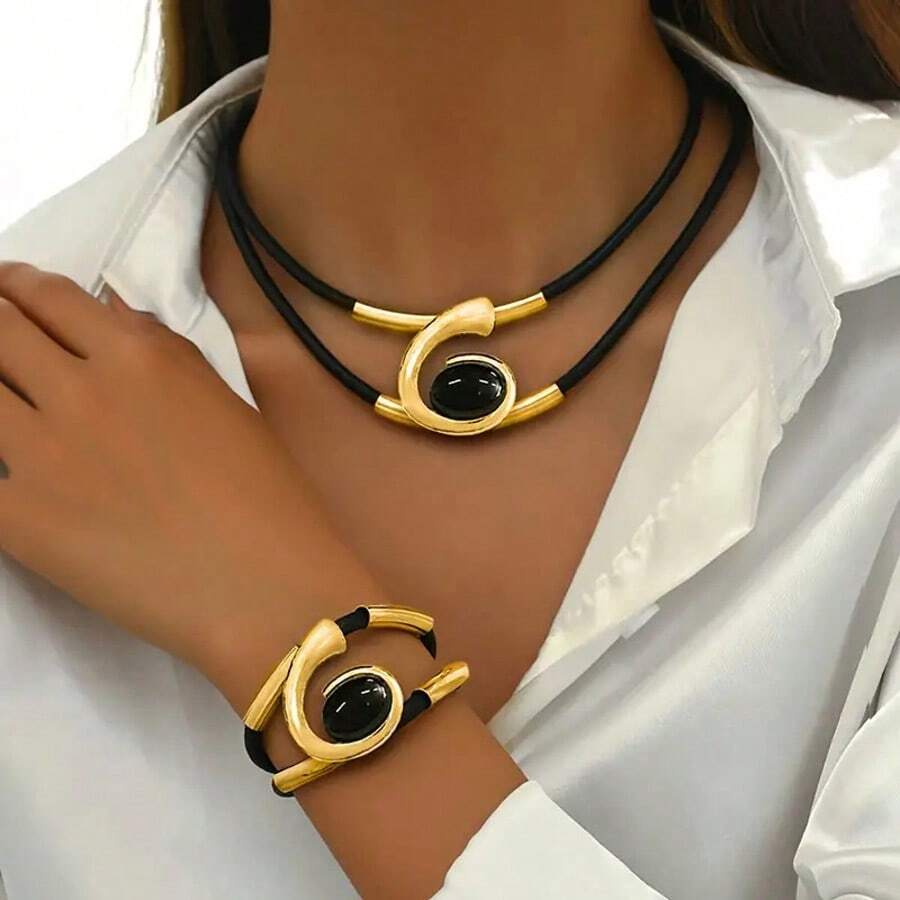 2 Pieces Gold & Black Jewelry Set - Women's Necklace Bracelet Set ...