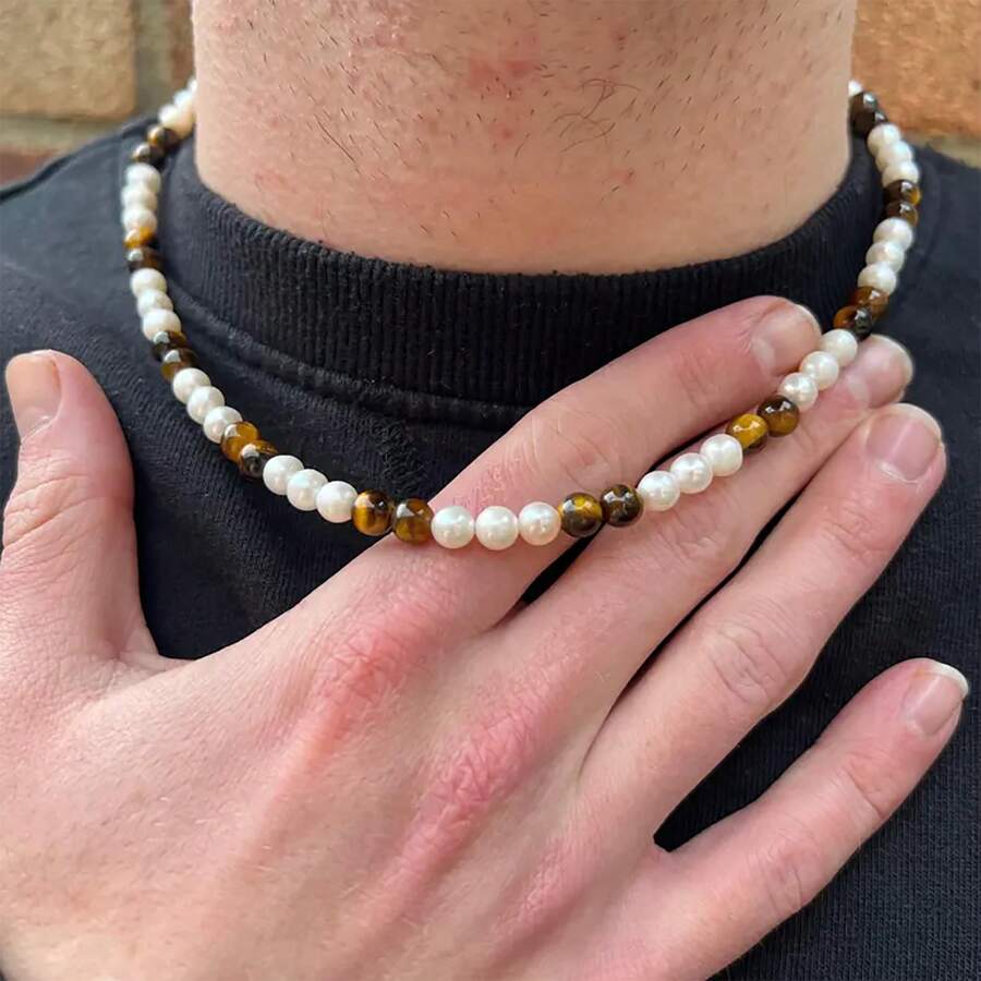 1pc Men Freshwater Pearl Necklace Chain - Men Tigers Eye + Pearl ...