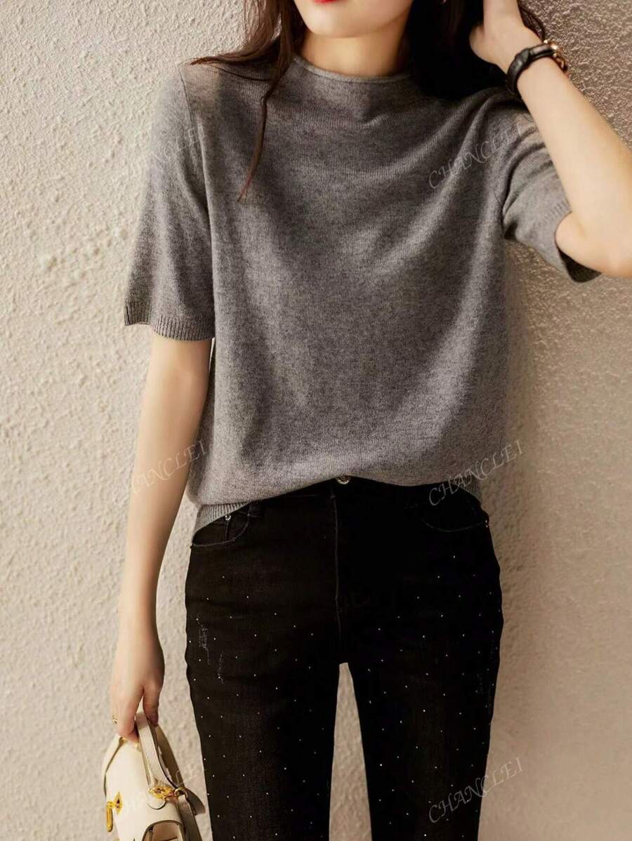 Women Solid Color Simple Casual Versatile Round Neck Short Sleeve Knit ...