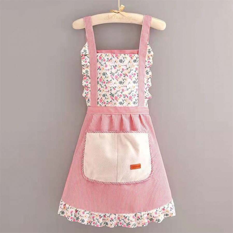 Women Kitchen Apron Floral Print H-Shaped Apron With Pockets Back Tie ...