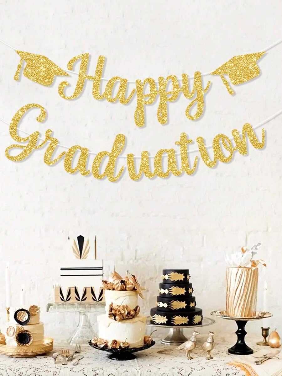 2pcs Gold Glitter Graduation Cap, "Happy Graduation" Background Hanging ...