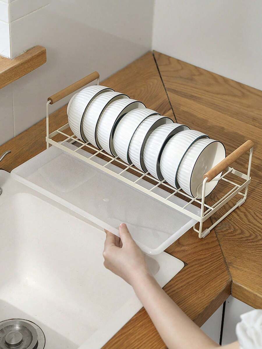 1pc Screw-Free Metal Painted Dish Rack With Drip Tray, Household ...